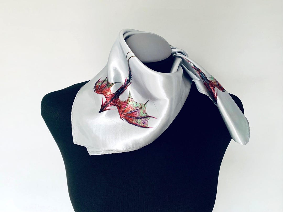 Dragons Satin Silk Scarf – Silver Square Scarf With Colourful Dragons ...