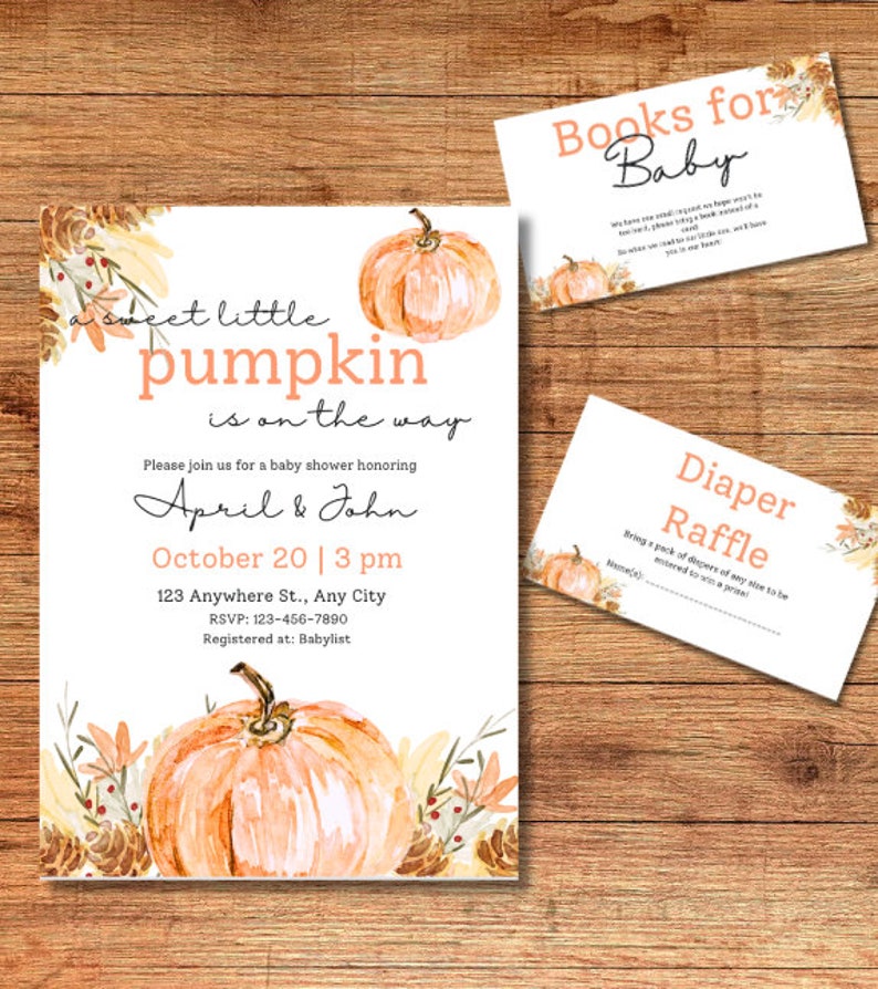 EDITABLE Pumpkin Baby Shower Invites | Books for Baby | Diaper Raffle ...