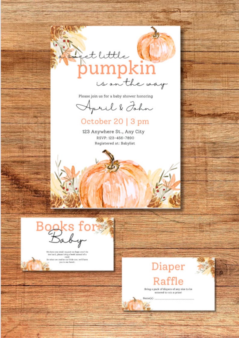 EDITABLE Pumpkin Baby Shower Invites | Books for Baby | Diaper Raffle ...