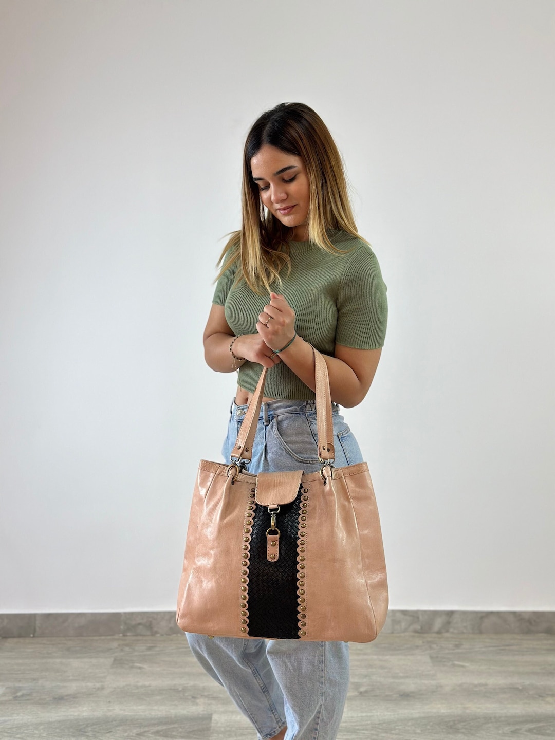 Genuine Leather Woven Handbag, Handmade Shoulder Purse, Chic Tote Bag ...