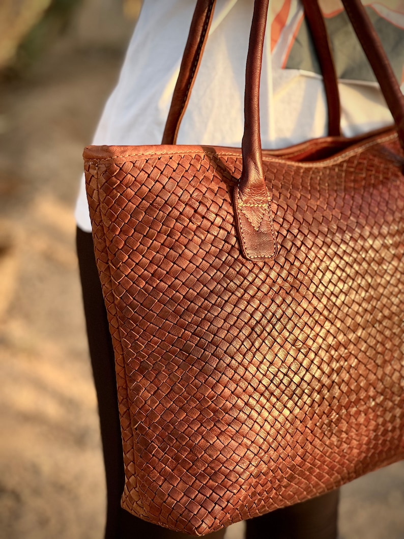 Braided Leather Bag Soft Brown Woven Italian Style Tote Handbag ...