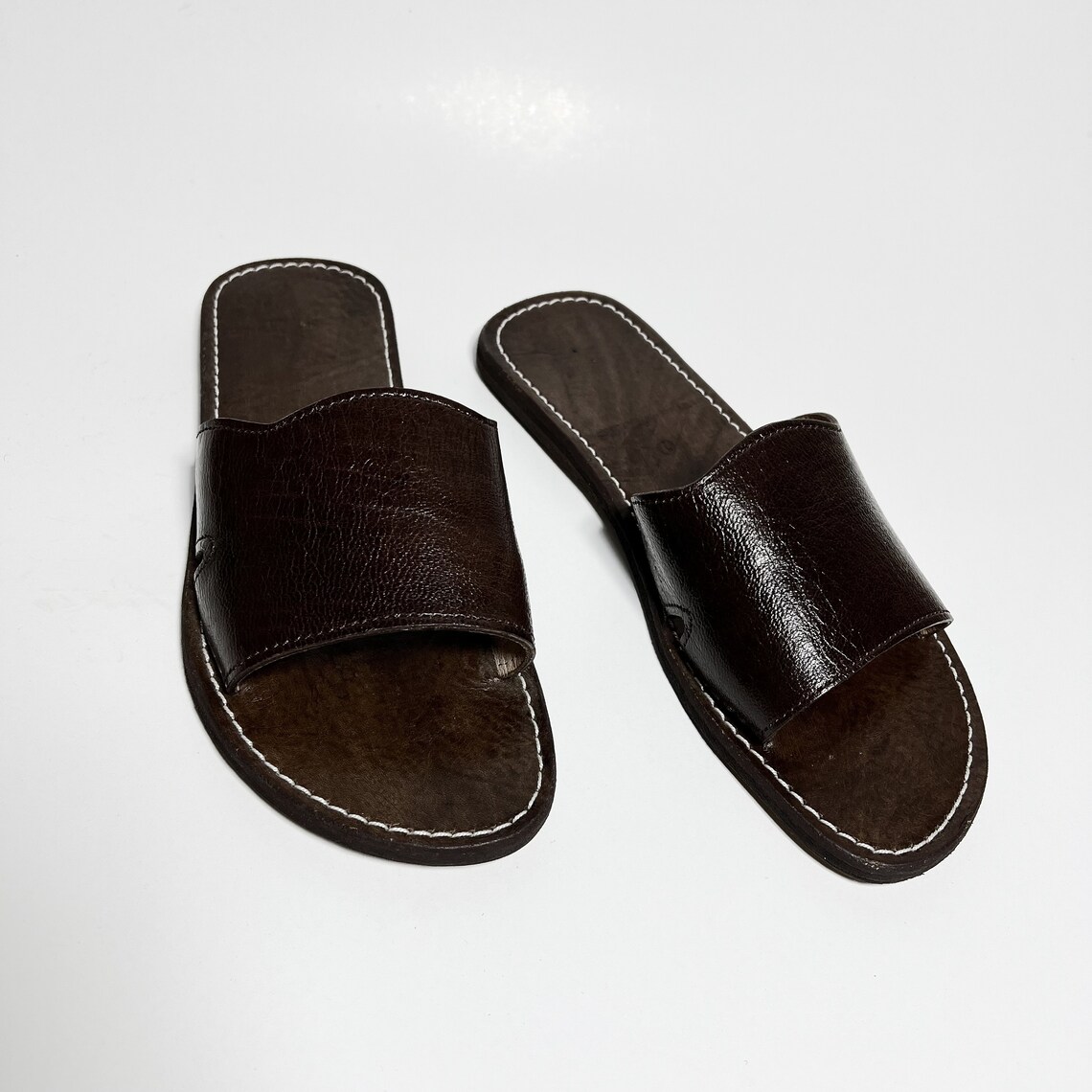 Men's Brown Genuine Leather Slides Sandals Comfortable Open Toe Indoor ...