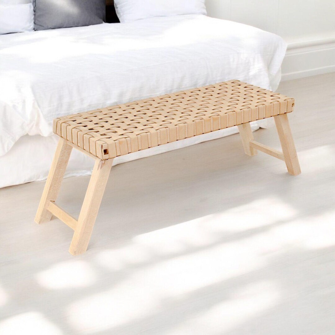 Woven Leather Strap Bench, Handmade Solid Wood Seating, Boho Entryway ...