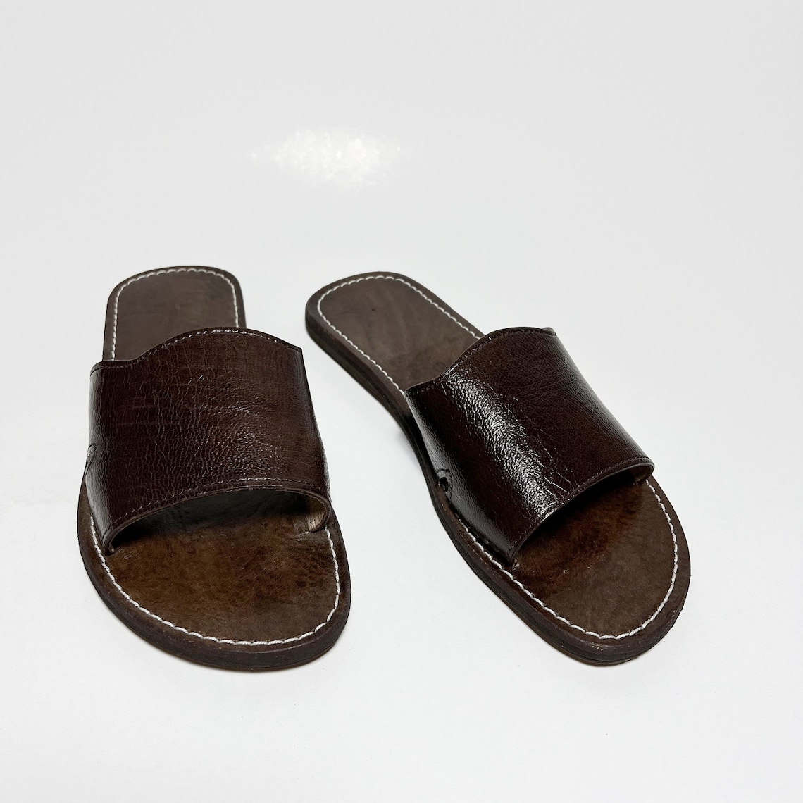 Men's Brown Genuine Leather Slides Sandals Comfortable Open Toe Indoor ...