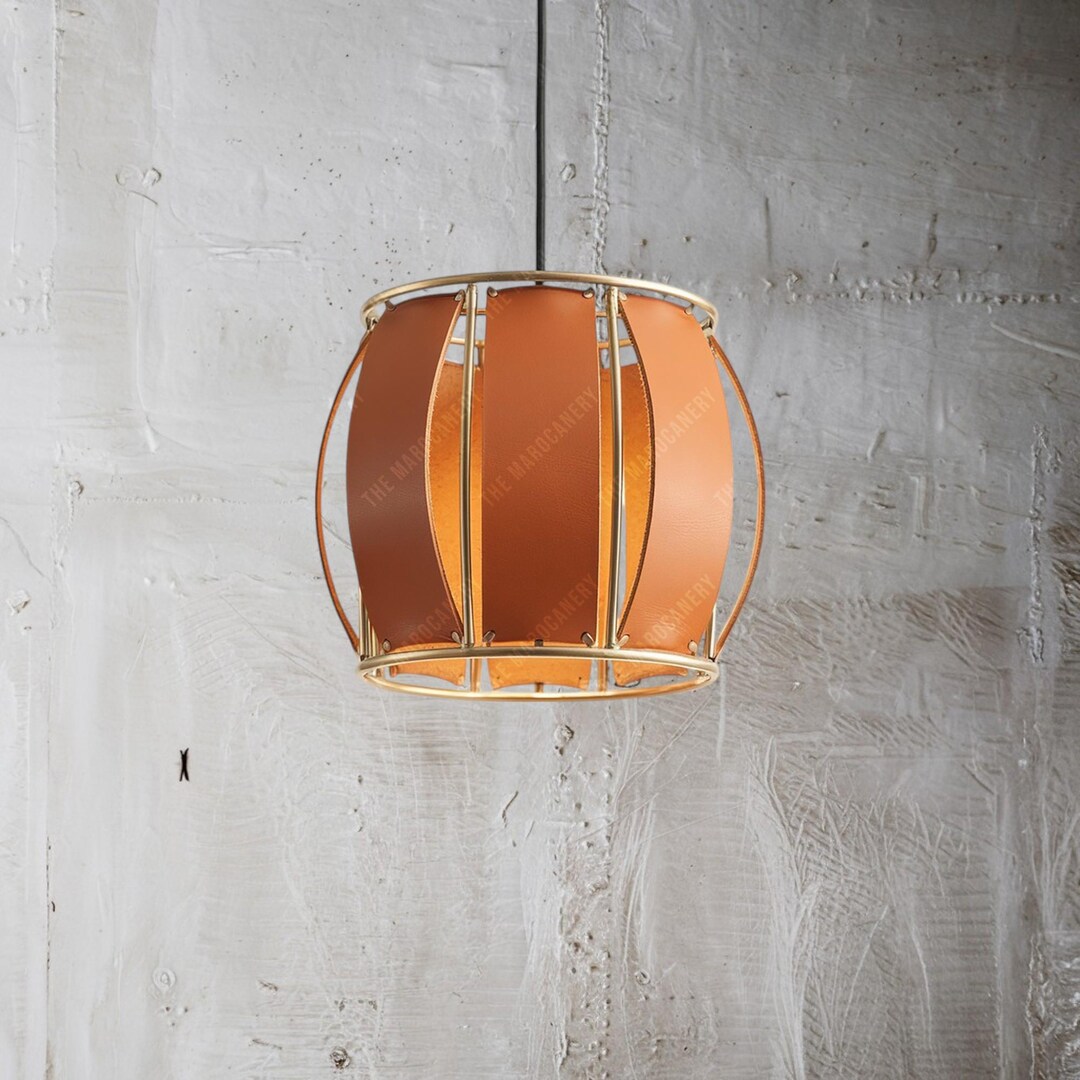 Barrel Brass Pendant Lamp - Leather Strap Hanging Light, Drum Shape ...