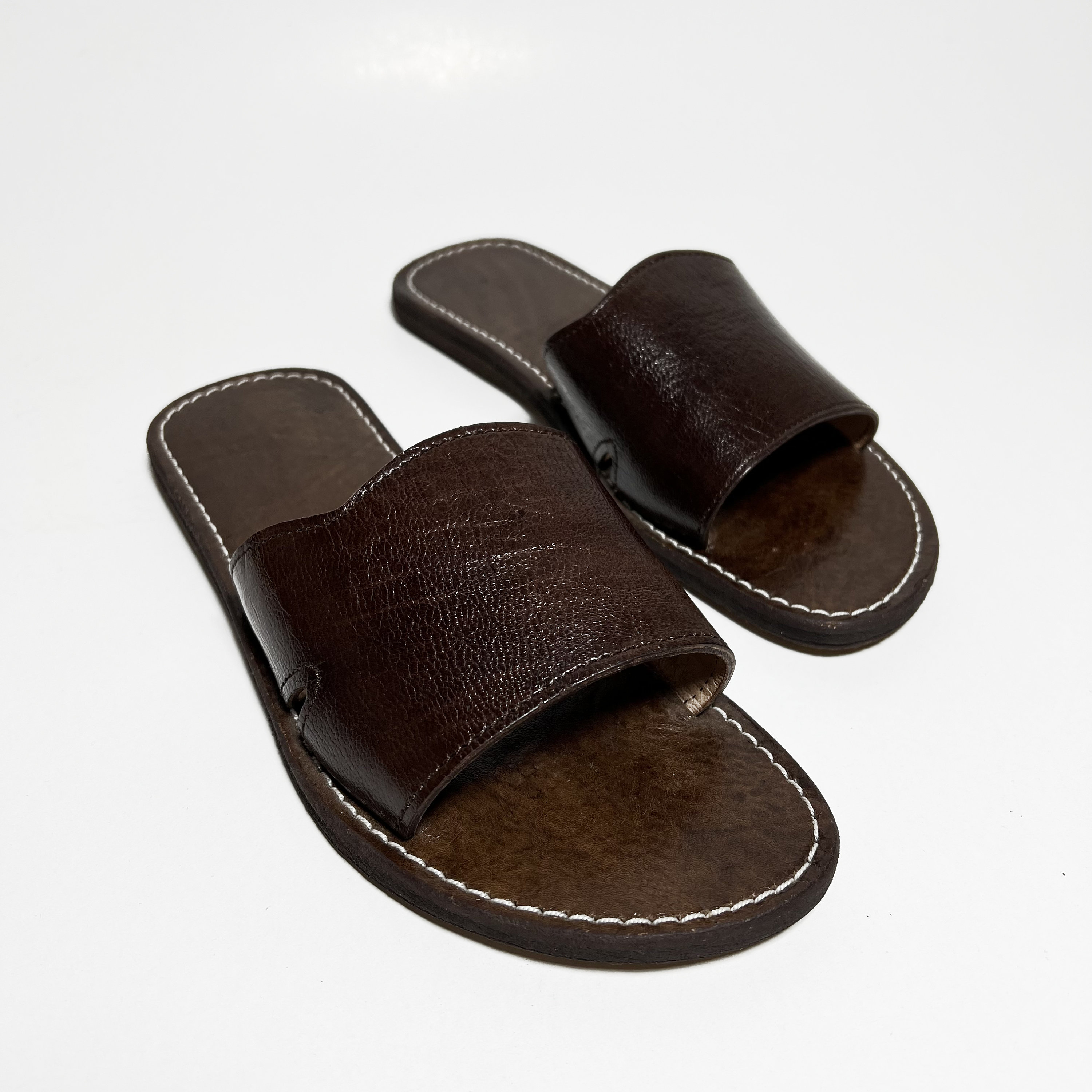 Men's Brown Genuine Leather Slides Sandals Comfortable Open Toe Indoor ...