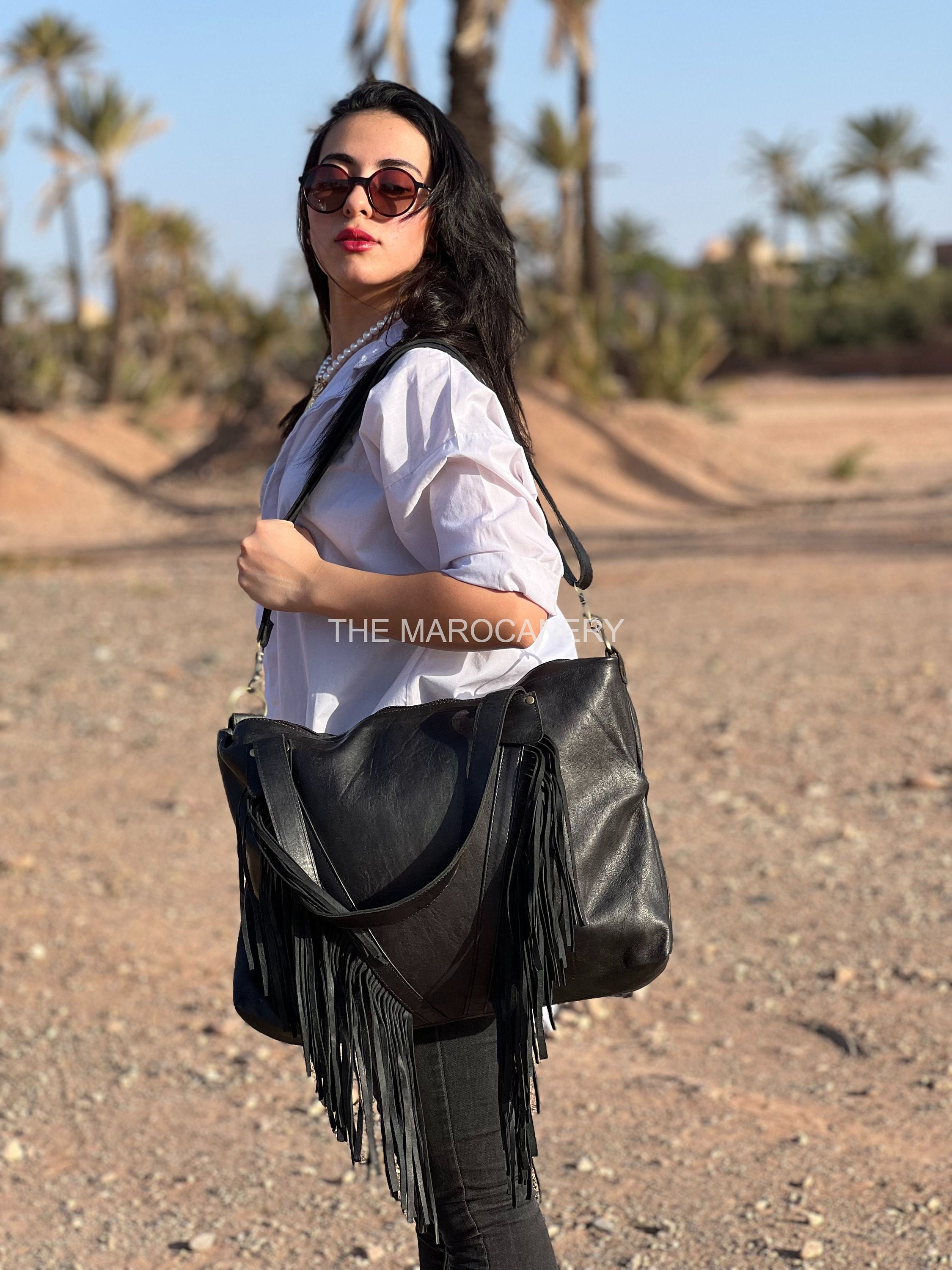 Black Leather Fringe Bag - Boho Chic Crossbody Purse - Handmade Tassel ...