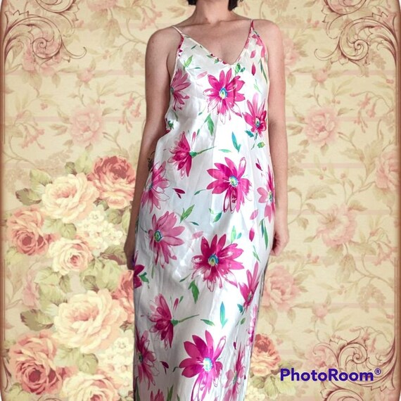 Vintage Pink Floral Satin Dress Nightgown Estimated… Gem