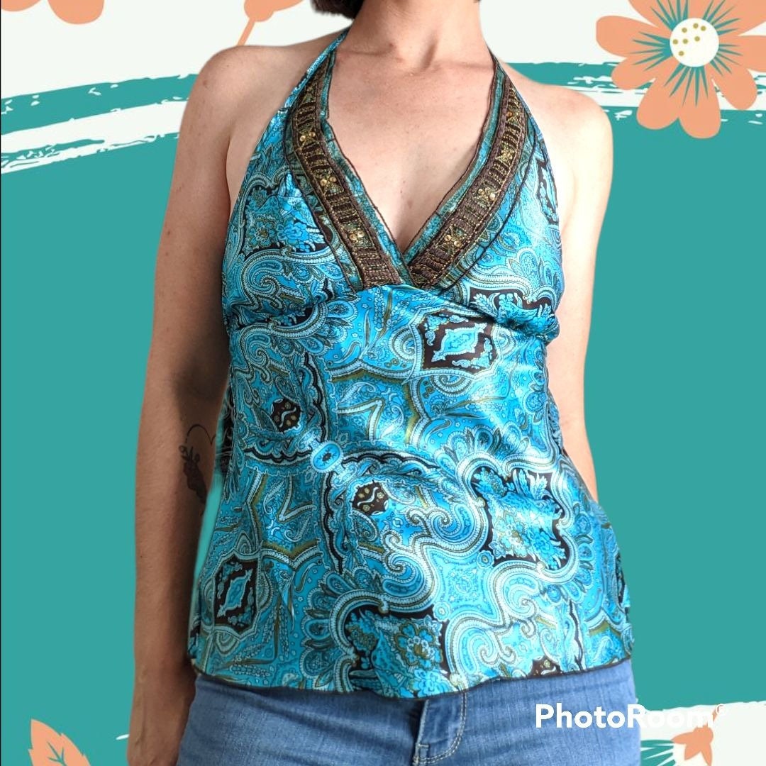 Vintage Heart Soul Y2k Satin Paisley Halter Top Blue Brown L - Etsy
