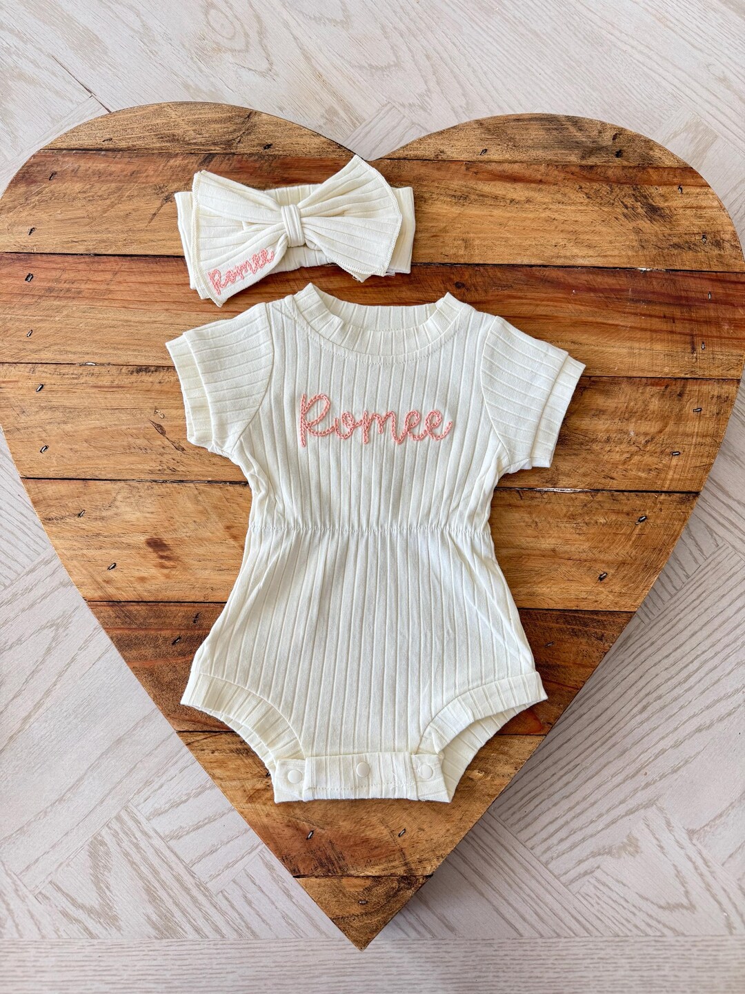 Baby Girl Ribbed Romper With Hand Embroidered Name, Hand Embroidered ...