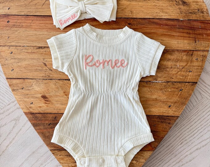 Baby Girl Ribbed Romper With Hand Embroidered Name, Hand Embroidered ...