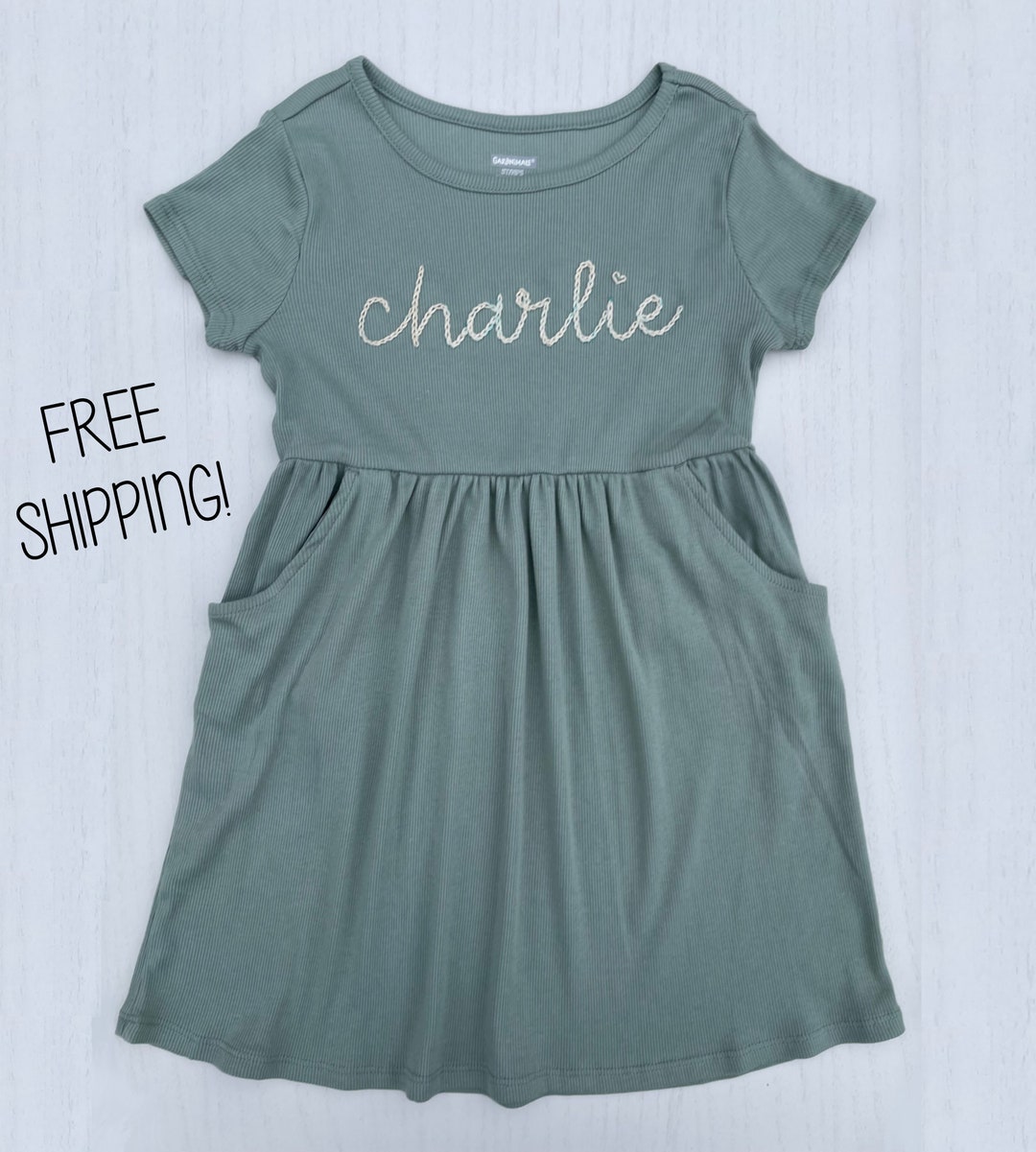 OLIVE Hand Embroidered Girls Name Dress, Monogrammed Name Dress ...