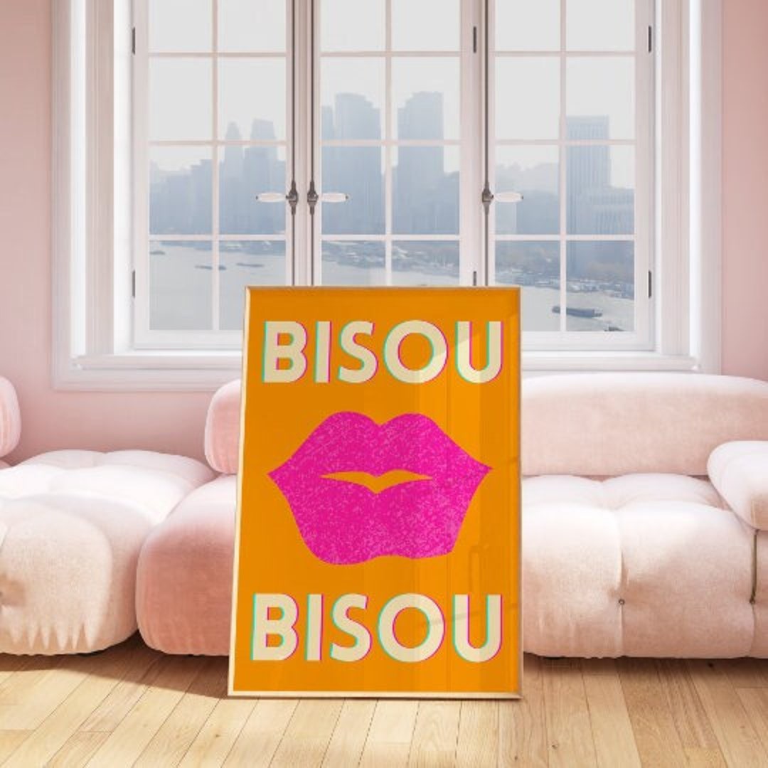 Bisou Bisou French Kiss Lips Print, Trendy Coquette Maximalist Wall Art ...