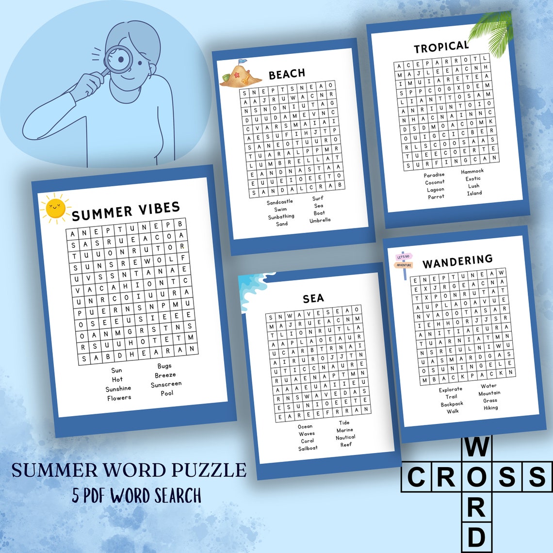 5 Summer Word Search Puzzle for Kids and Adults, Summer Vibes, Beach ...