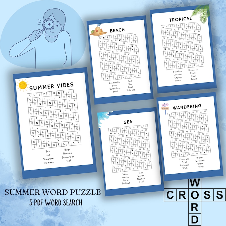 5 Summer Word Search Puzzle for Kids and Adults, Summer Vibes, Beach ...