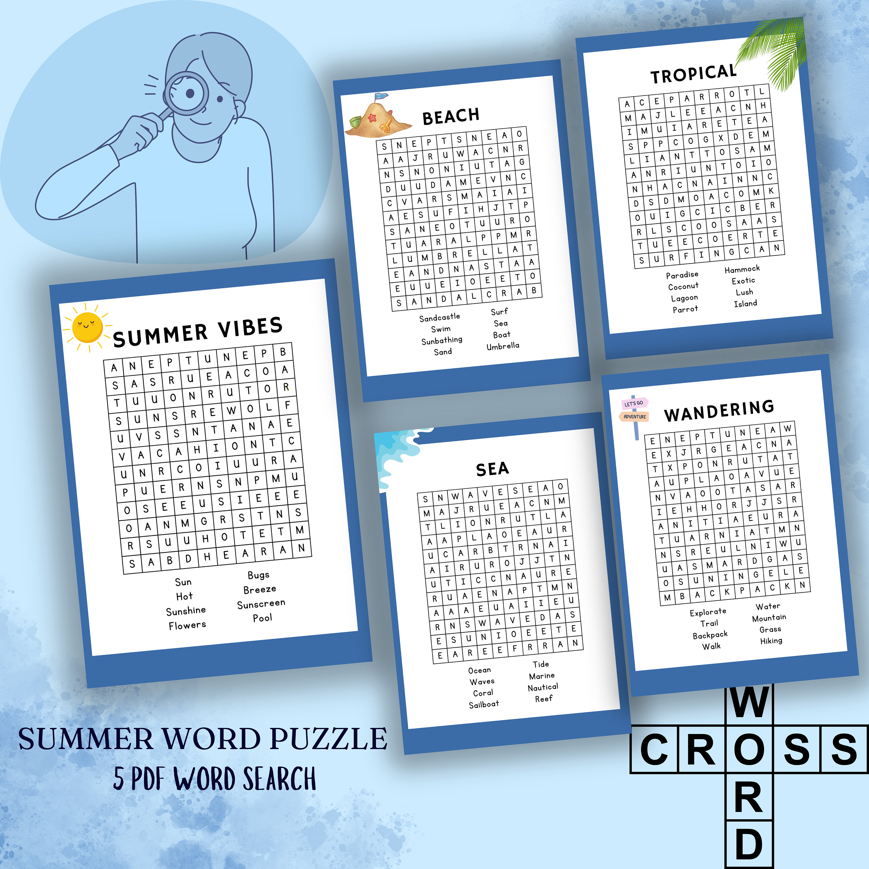 5 Summer Word Search Puzzle for Kids and Adults, Summer Vibes, Beach ...