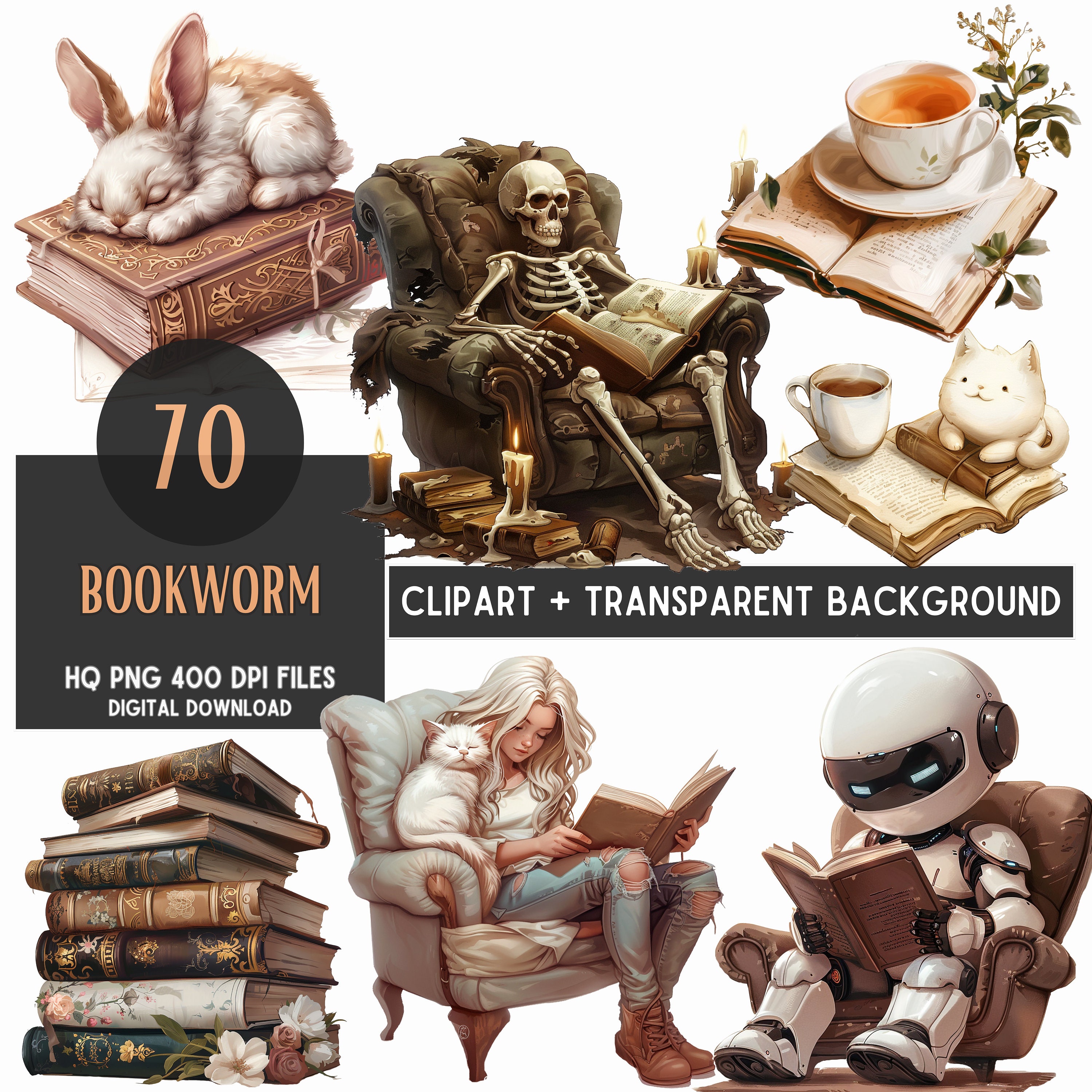 Bookworm Clipart, Reading, Books, Clipart Bundle, Png Files, Super High ...
