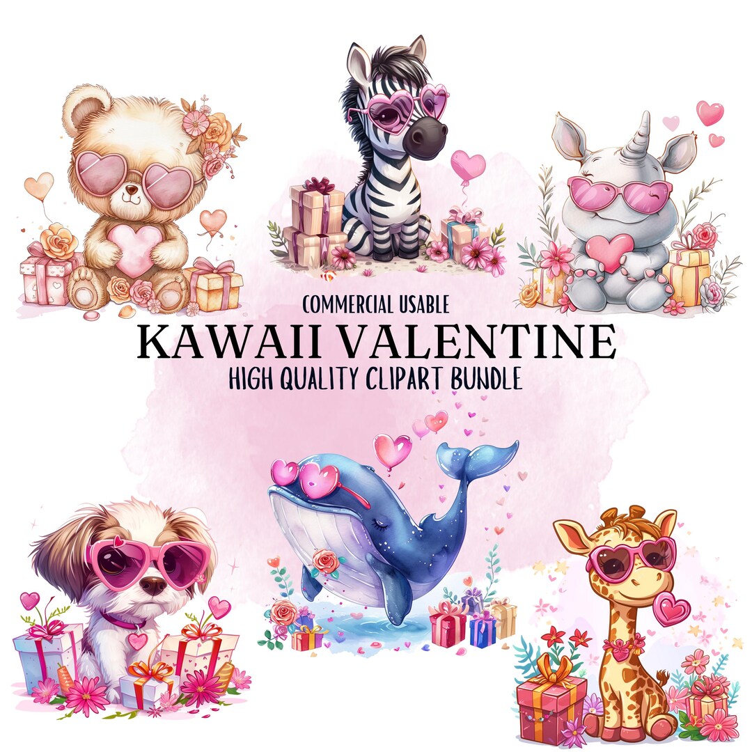 Valentines Clipart Designs Png, Cute Animal Valentine Bundle, Digital ...