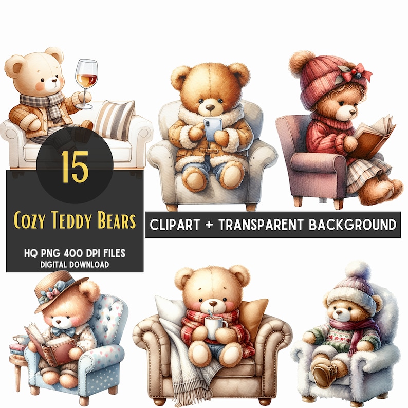 Teddy Bear Cozy Cliparts, Cozy Bears, Relaxing Clipart, Restful, Png Bundle, Transparent ...