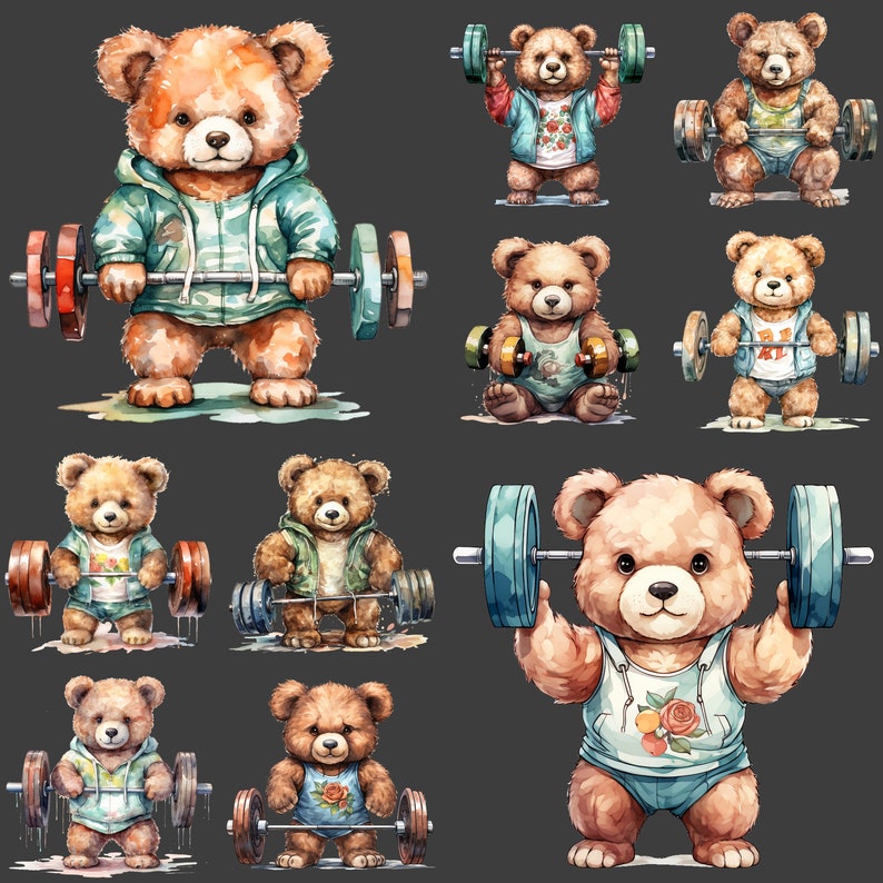 Gym Teddy Bear Clipart Bundle: Watercolor Weightlifting Designs ...