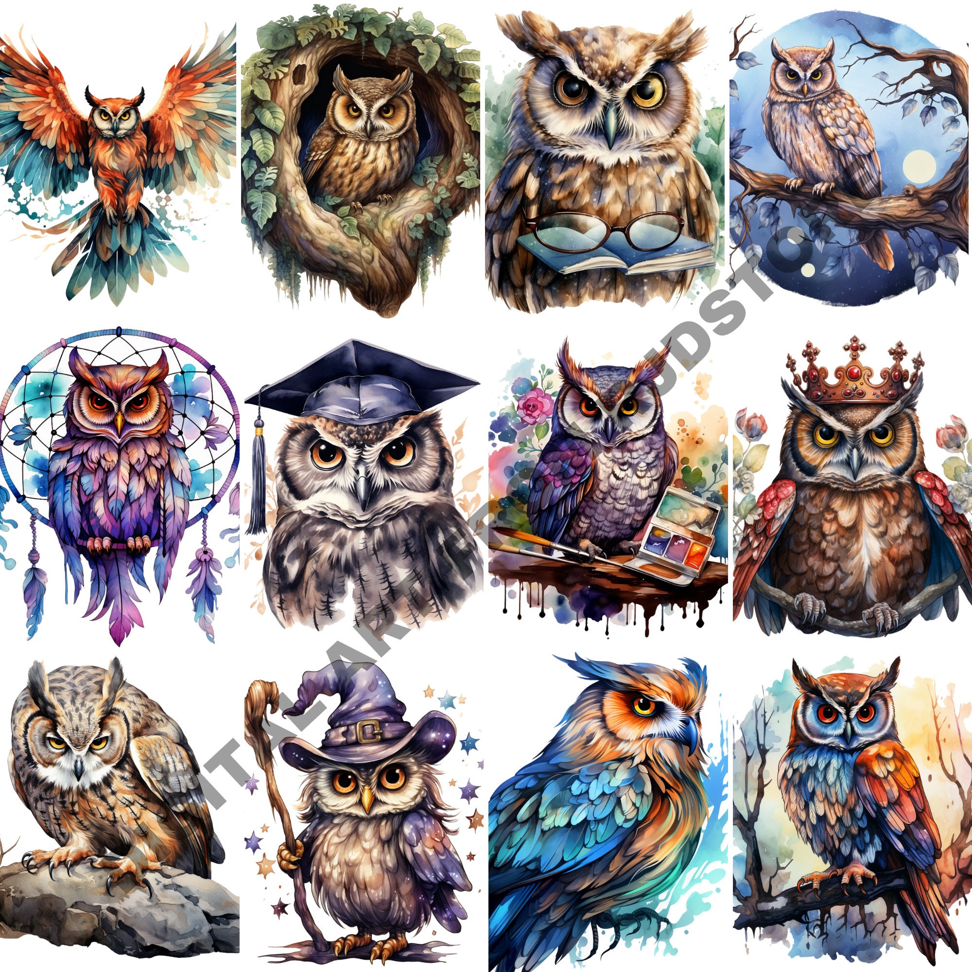 50 Watercolor Owl Cliparts, Owl Bundle, Birds, Night, PNG Files ...