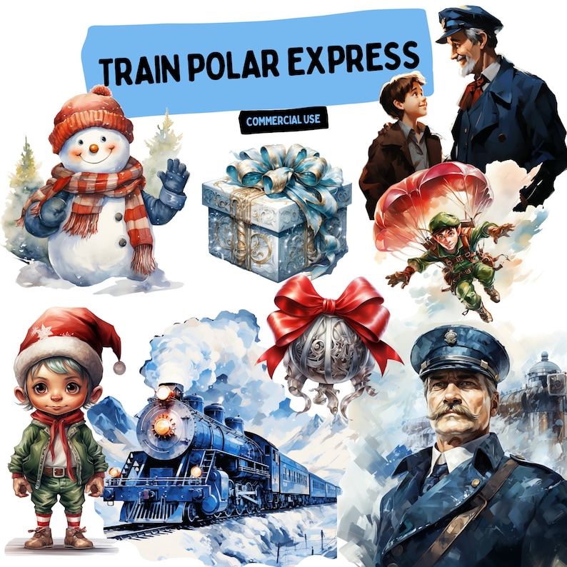 Polar Express Train Clipart Bundle: Watercolor Christmas PNG Files - Etsy