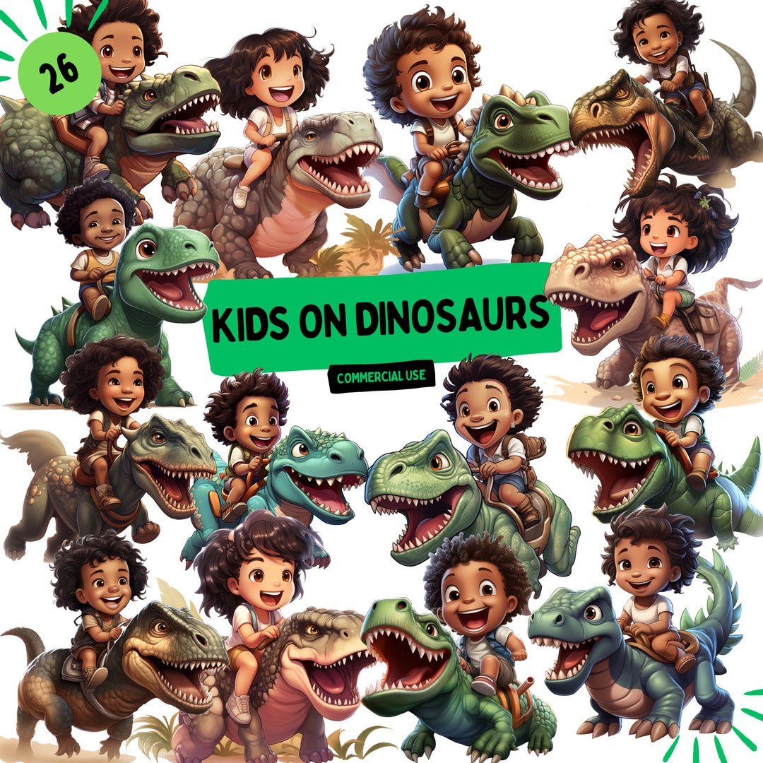 Kids Riding Dinosaurs Clipart: Watercolor PNG Bundle (digital Download ...