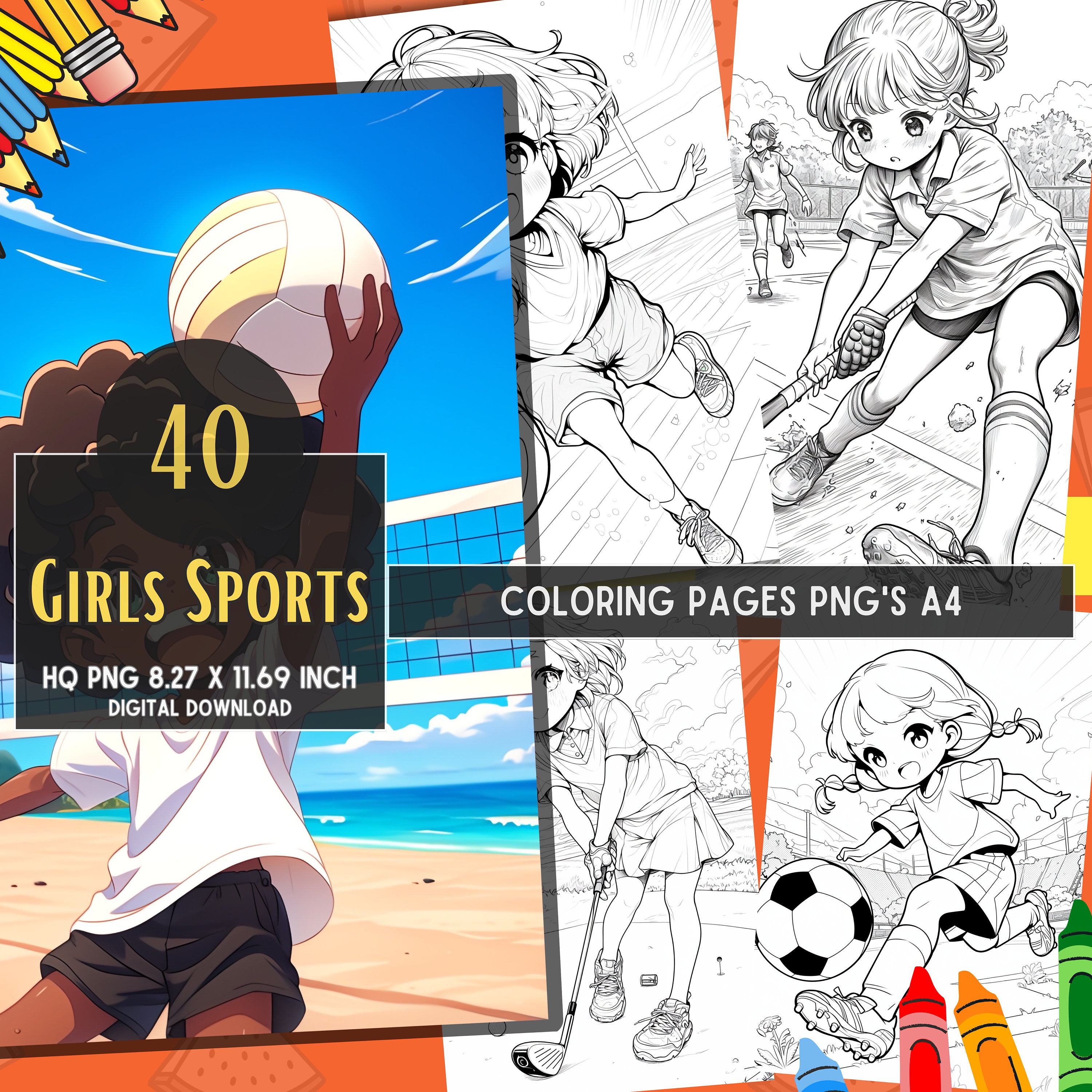 Anime Girl Sports Coloring Pages, Basketball, Volleyball, Soccer ...