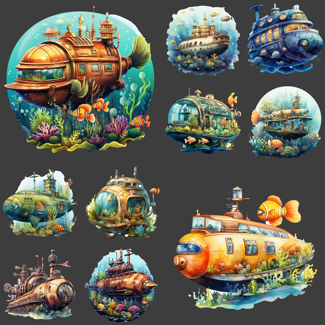 30 Watercolor Submarine Clipart Bundle, Deep Sea Ocean, Png Files, 300 ...