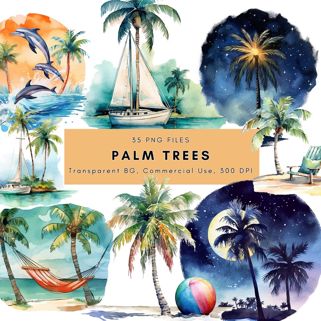 35 Watercolor Palm Trees Png Cliparts, Tropical Paradise, Vacation Png ...