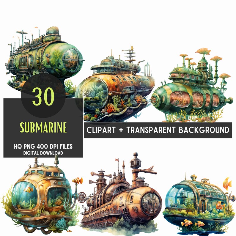 30 Watercolor Submarine Clipart Bundle, Deep Sea Ocean, Png Files, 300 ...