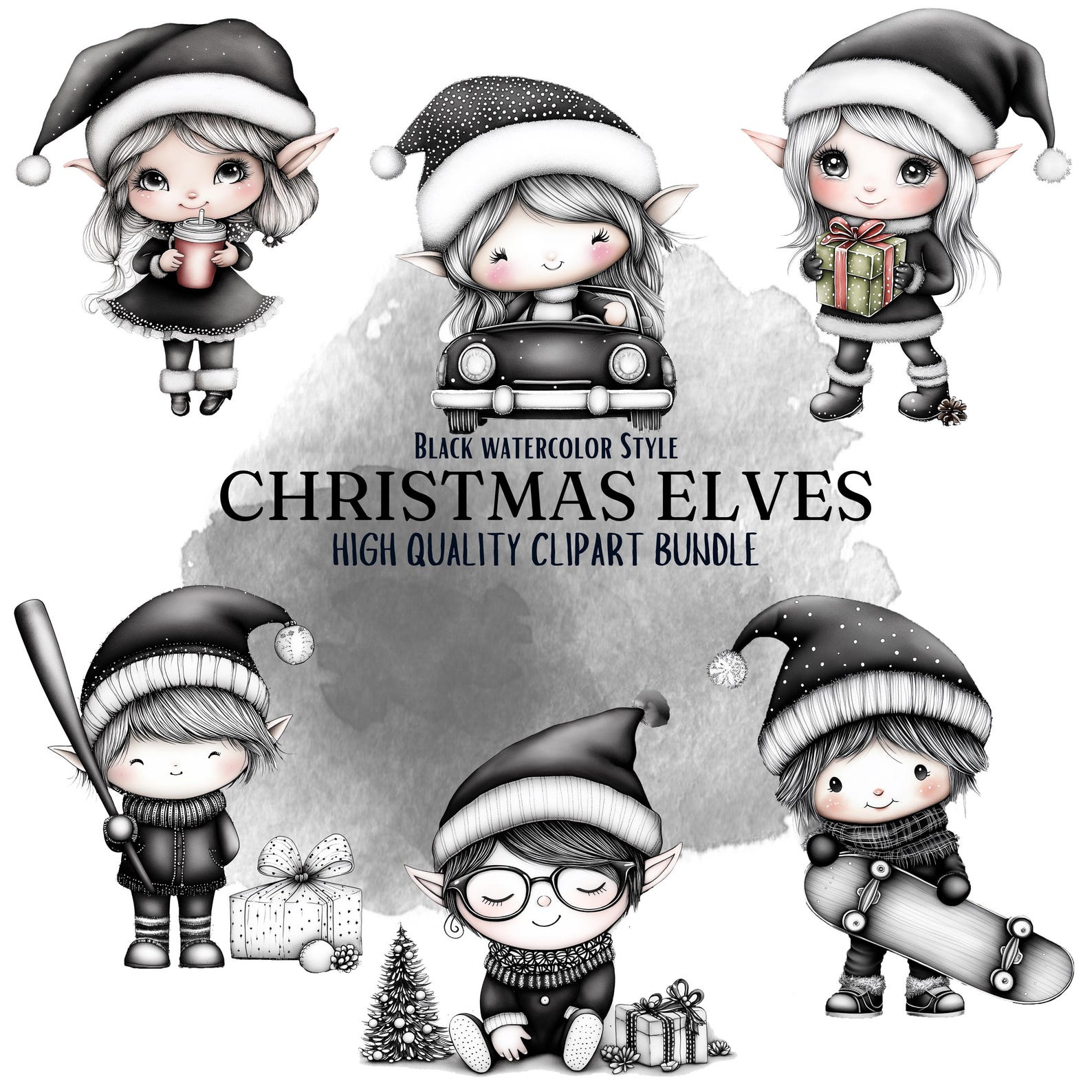 Christmas Elf Clipart Png | Elf Clipart Bundle | Black Style Elfs ...