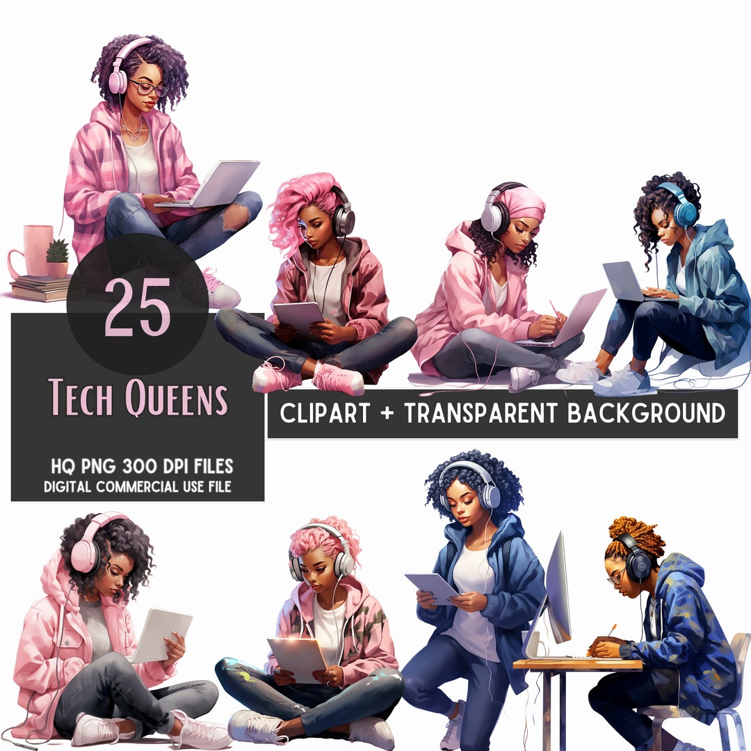 Black Girls in Tech Clipart: Pink & Blue Afro-american PNG (commercial ...