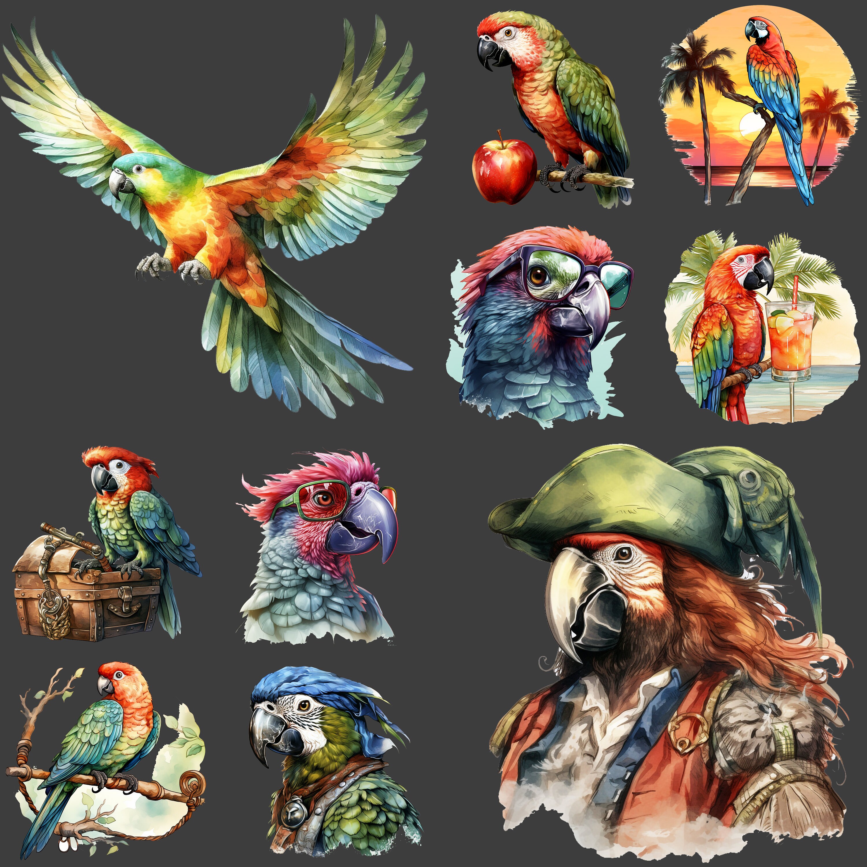 55 Watercolor Parrot Cliparts, Tropical Bundle, Birds, Vacation, Beach ...