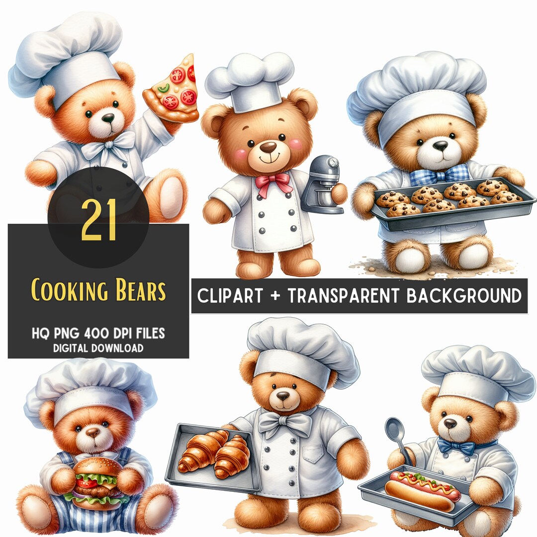 Teddy Bear Chef Clipart, Cute Bear Cooking Png Files, Kitchen Decor ...