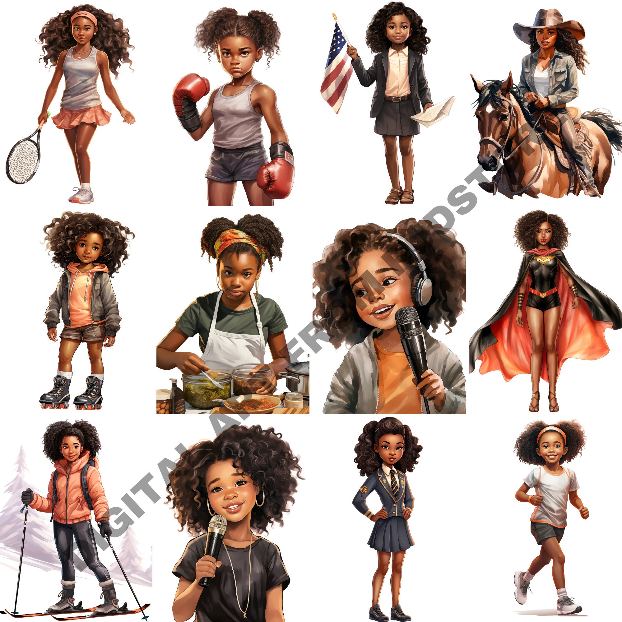 Black Girls Watercolor Clipart Bundle: Diverse Professions (PNG Files ...
