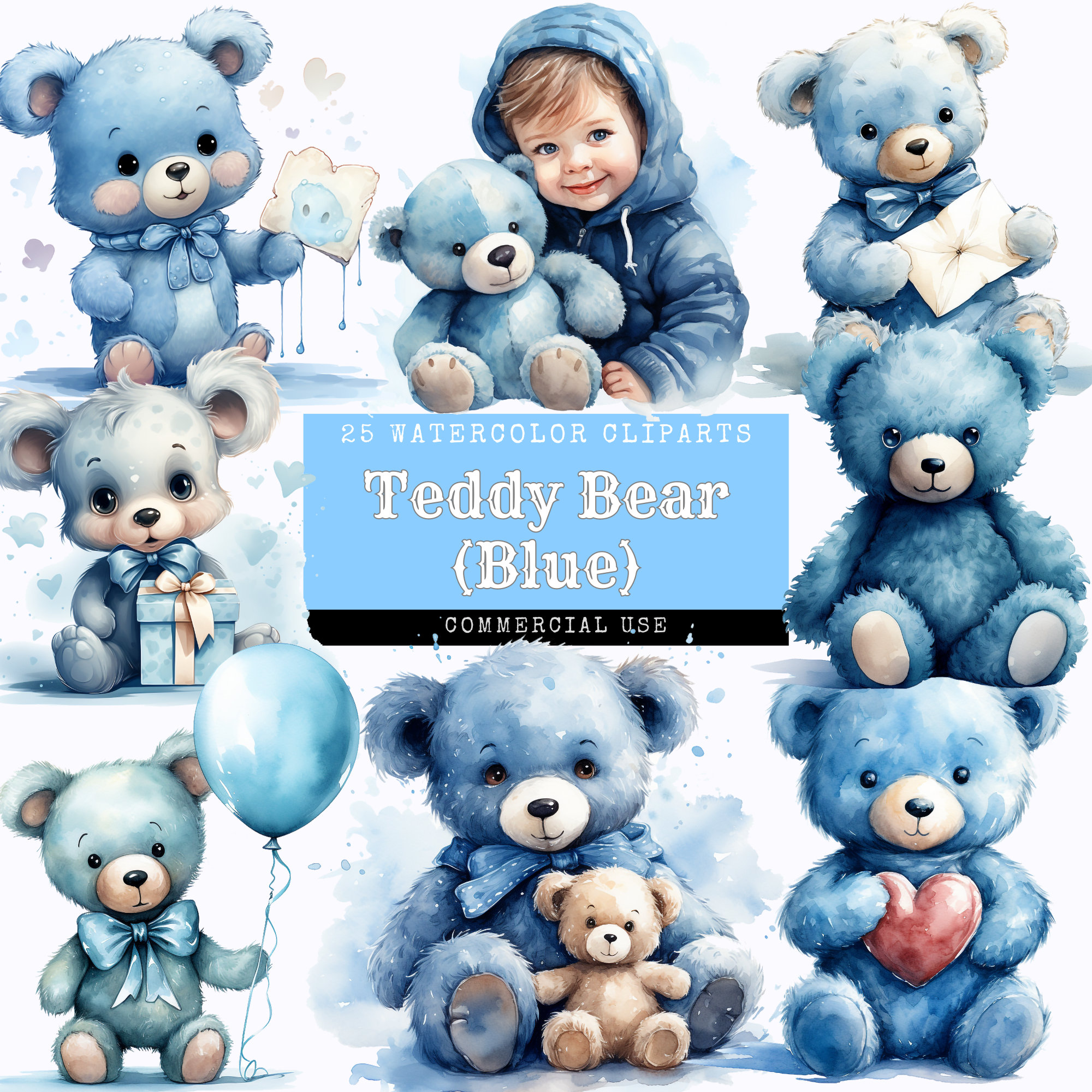 25 Watercolor Blue Teddy Bear Cliparts Cute Baby Bear Babyshower Png ...
