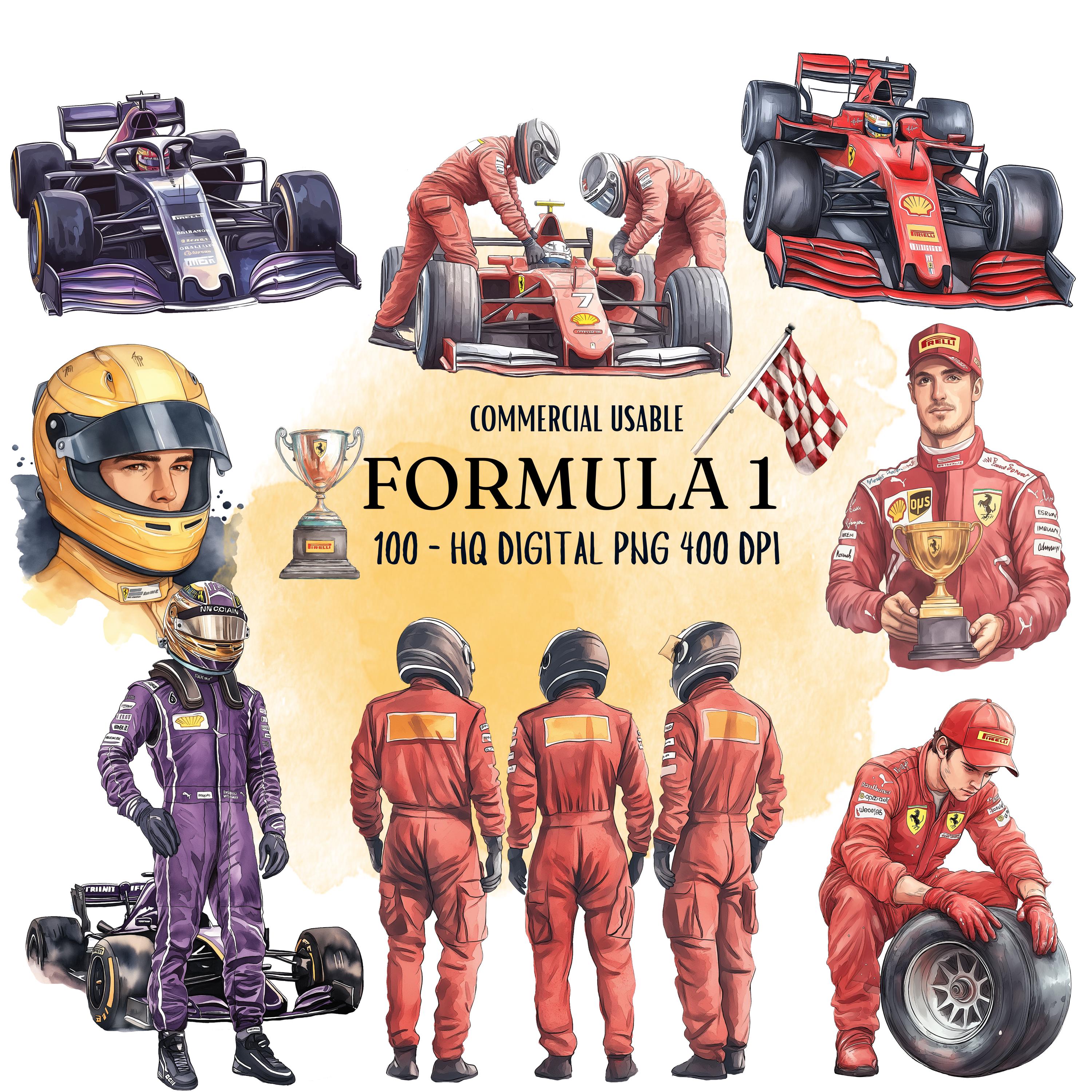 Formula 1 Watercolor Clipart Bundle: Racing Car PNG Files (commercial ...