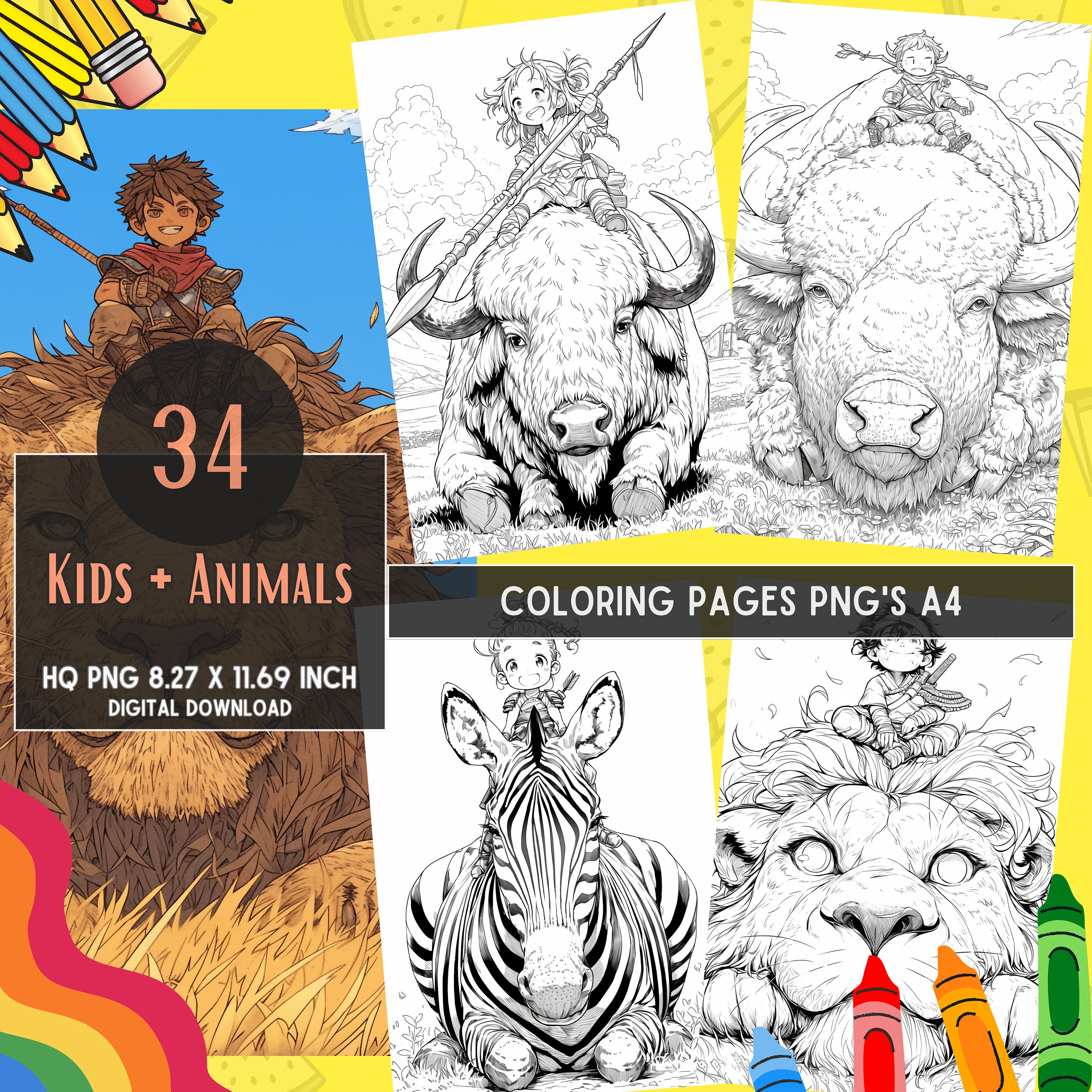 Kids & Huge Animals Coloring Pages, Kids With Safari Animals, Coloring ...