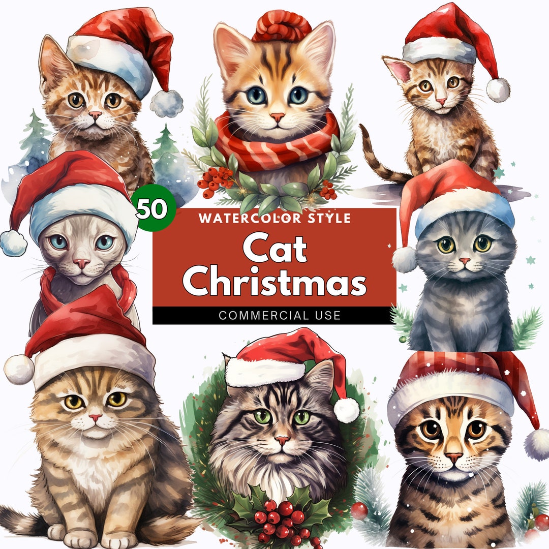 50 Watercolor Cat Christmas PNG Clipart Bundle - Etsy