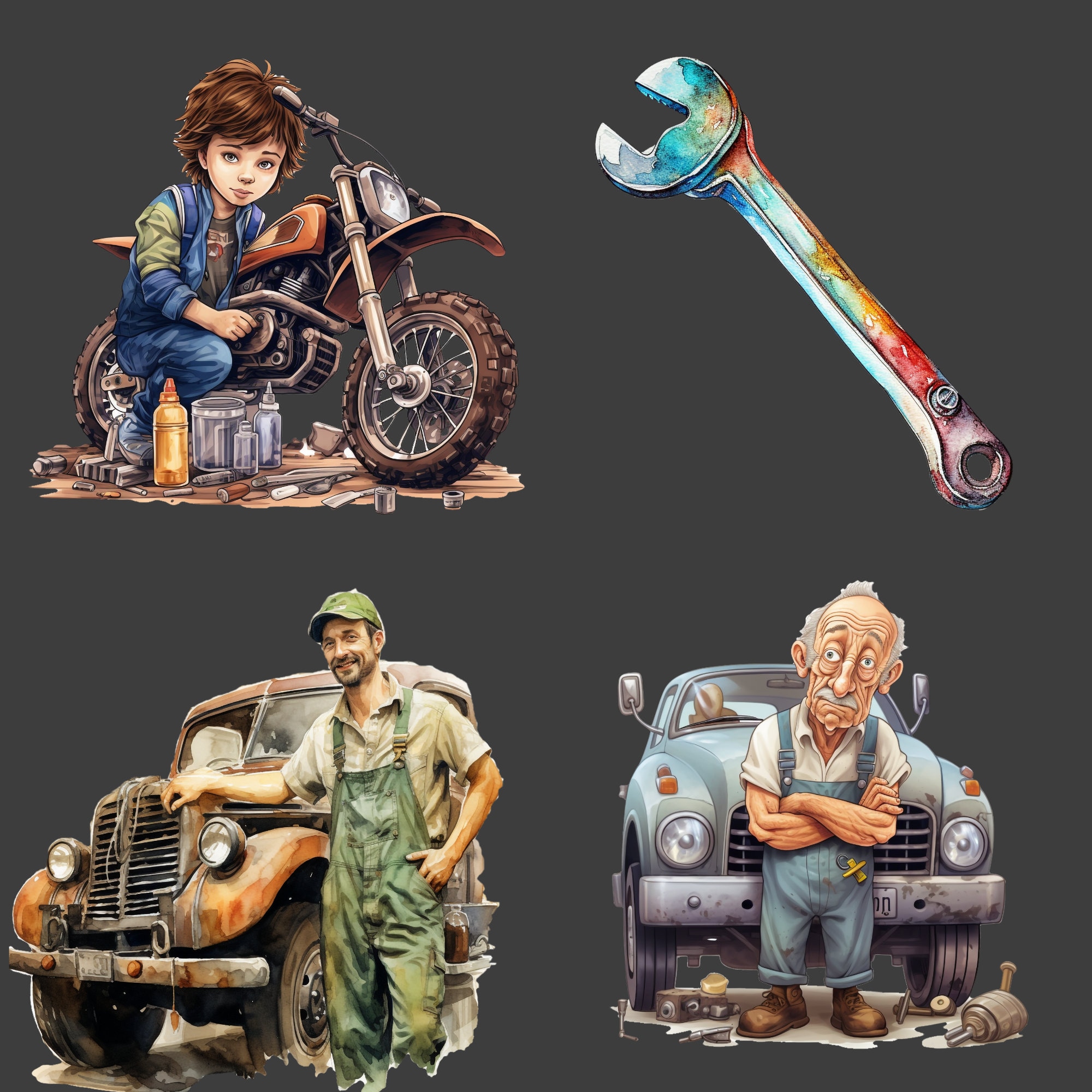 Mechanic Watercolor Clipart Bundle: Car Repair PNG Files (digital ...