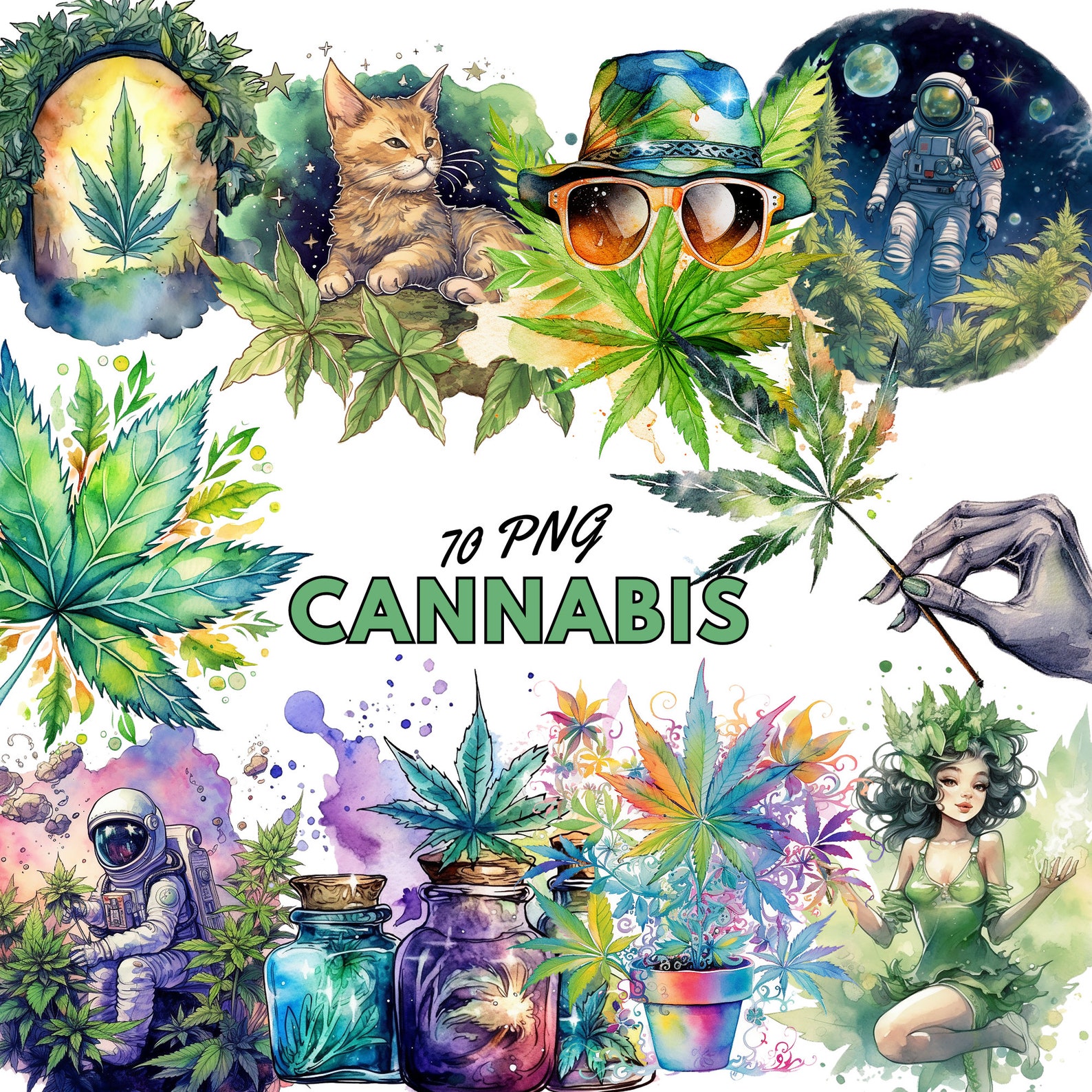 70 Weed Png Clipart Bundle, Cannabis Png Bundle, Watercolor Weed ...
