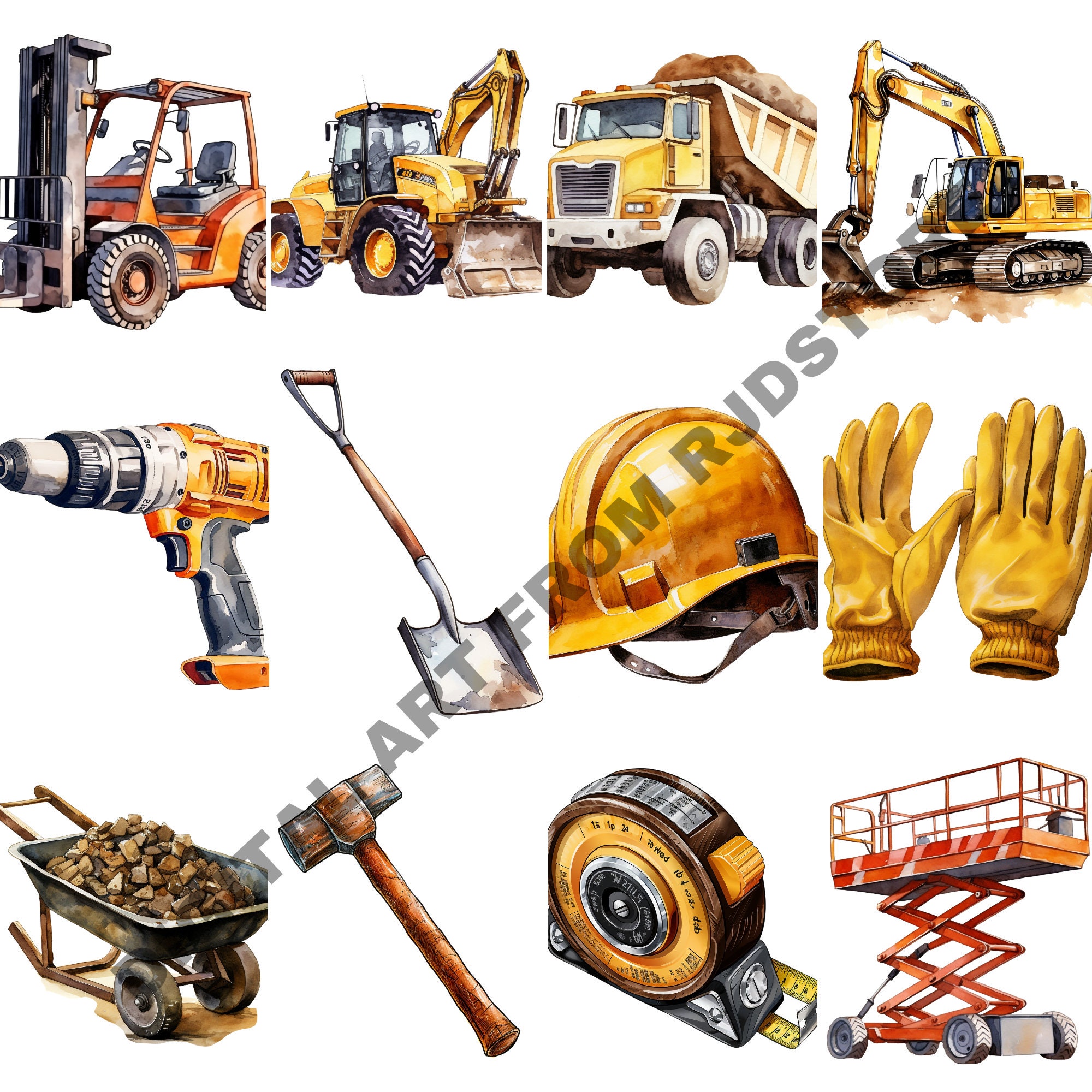 60 Construction Png, Truck, Vehicle, Kids, Watercolor Clipart Bundle ...