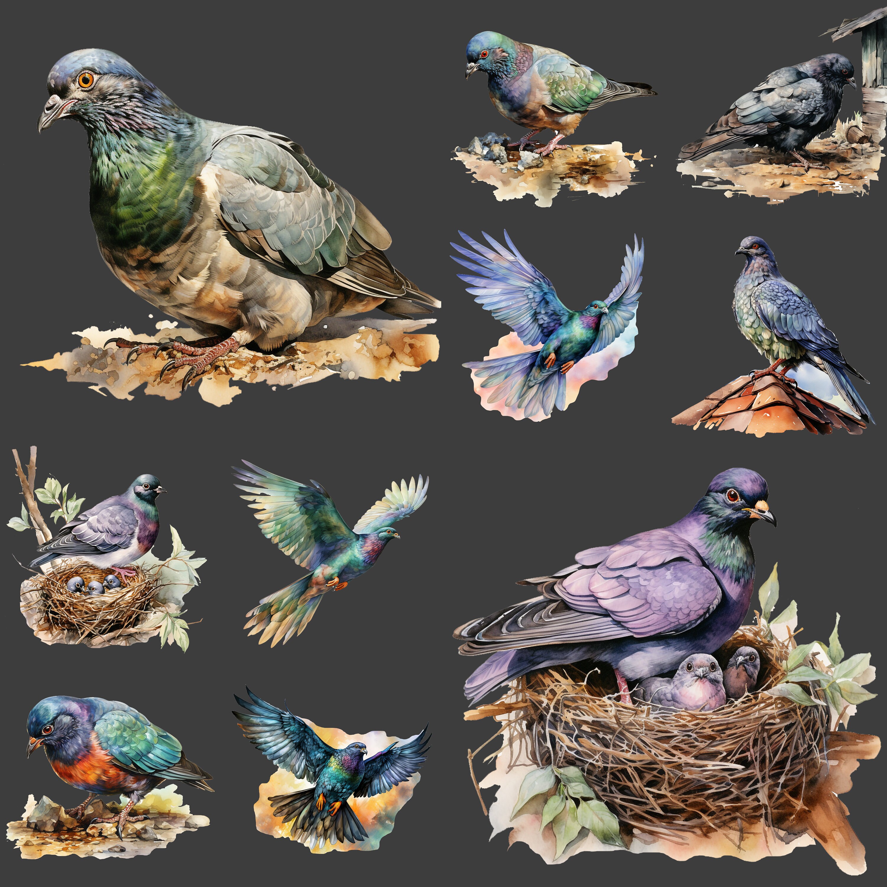 25 Watercolor Pigeon Bird Png Bird Clipart Bundle, Transparent ...