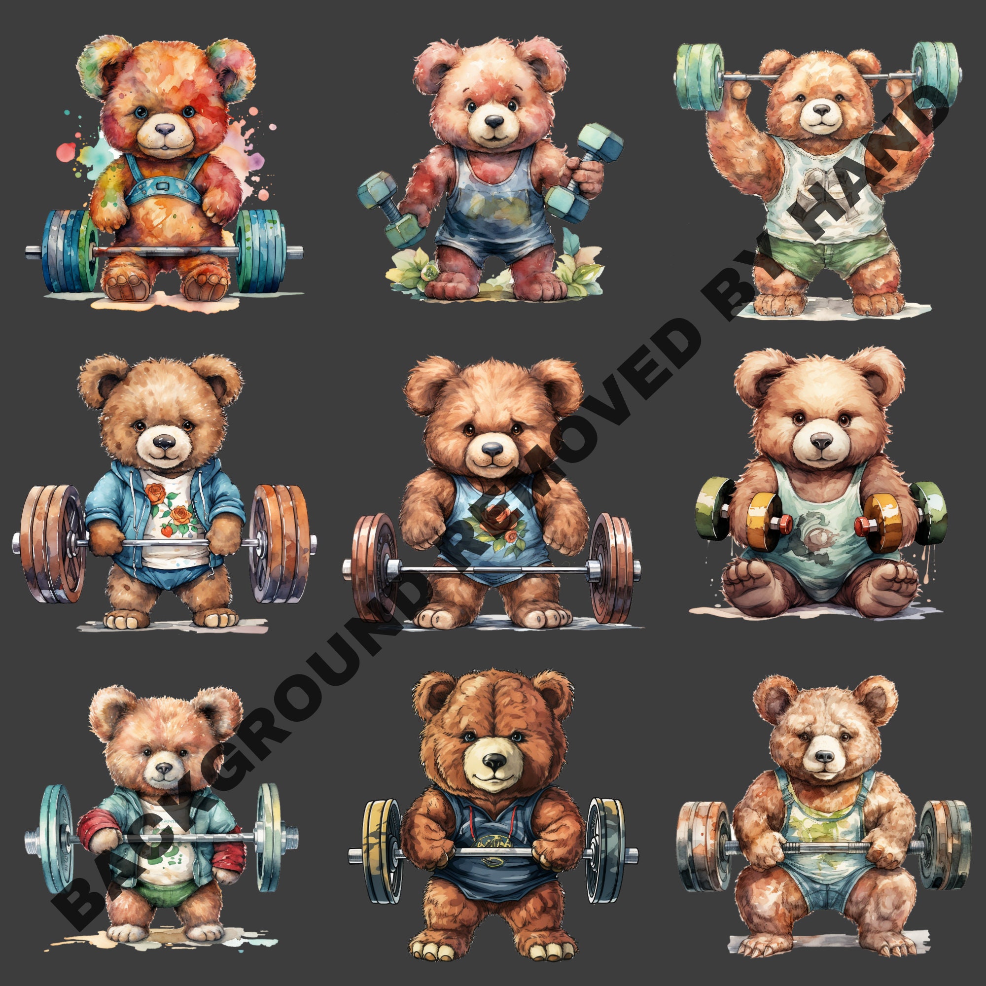 Gym Teddy Bear Clipart Bundle: Watercolor Weightlifting Designs ...