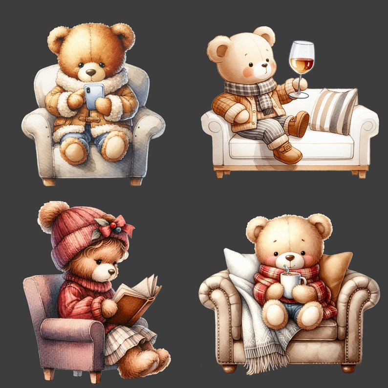 Teddy Bear Cozy Cliparts, Cozy Bears, Relaxing Clipart, Restful, Png Bundle, Transparent ...