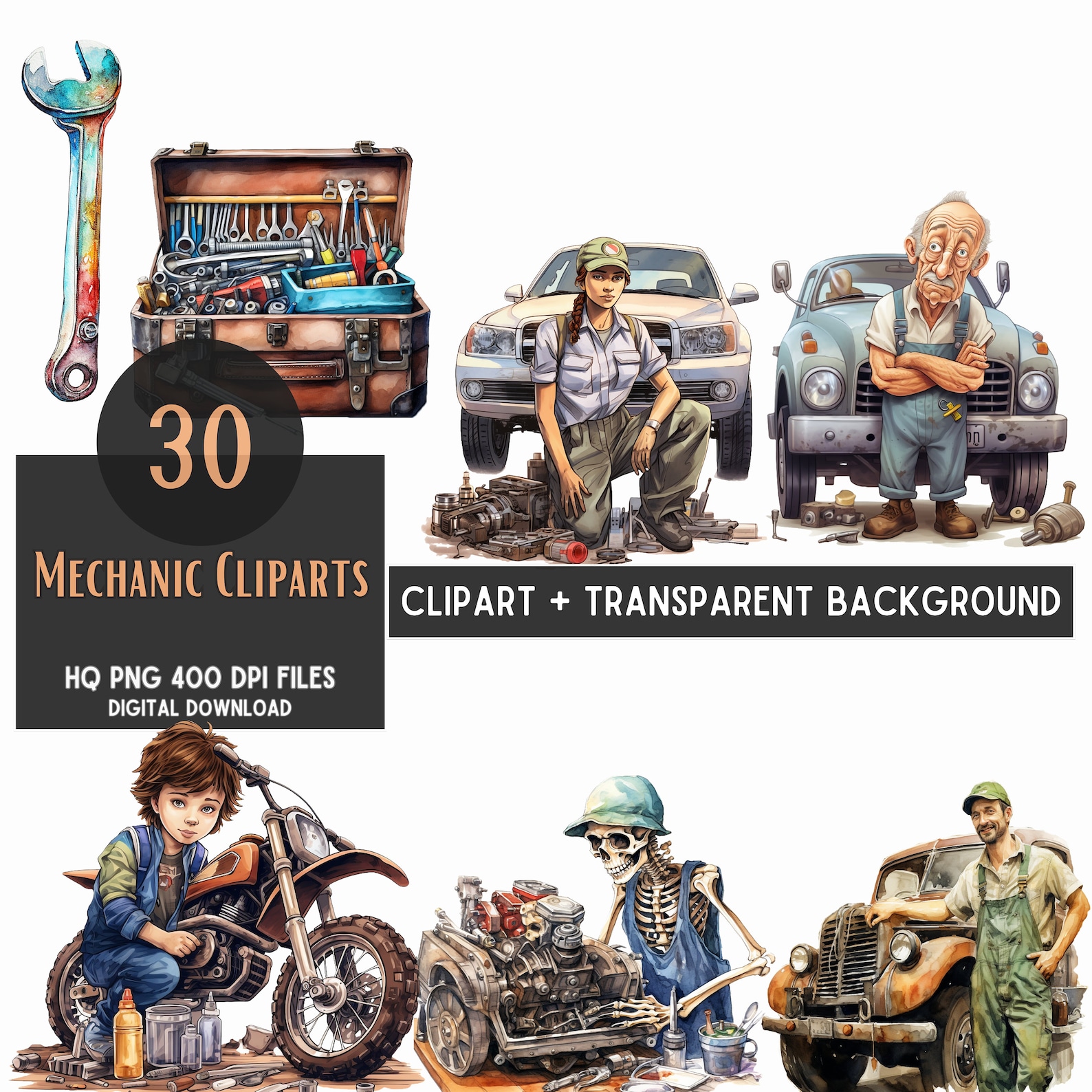 Mechanic Watercolor Clipart Bundle: Car Repair PNG Files (digital ...