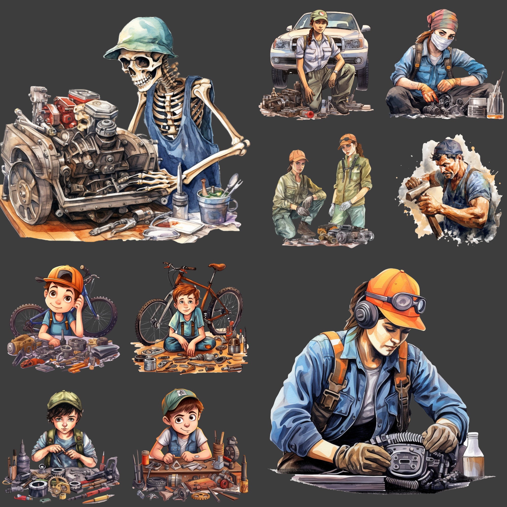 Mechanic Watercolor Clipart Bundle: Car Repair PNG Files (digital ...