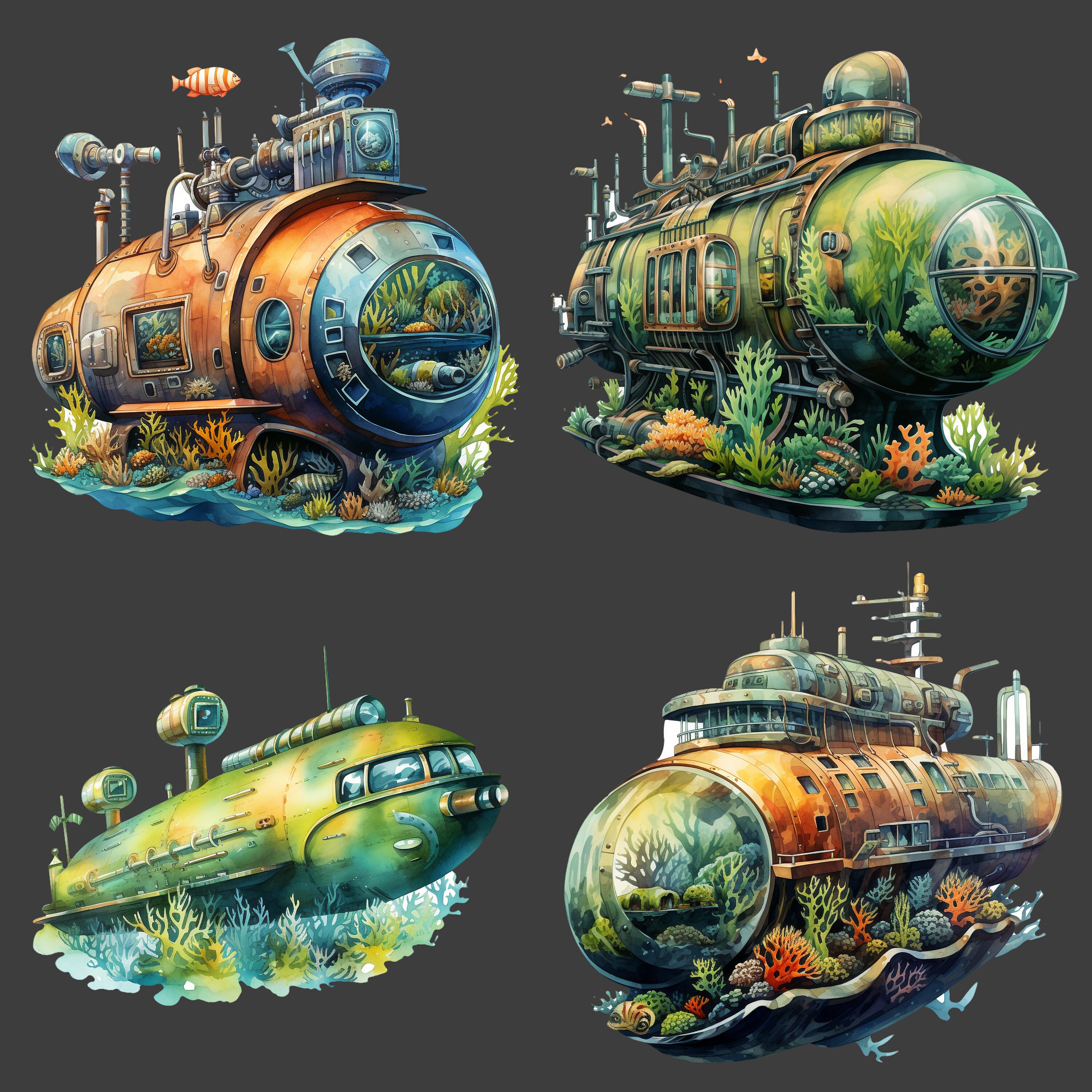 30 Watercolor Submarine Clipart Bundle, Deep Sea Ocean, Png Files, 300 ...