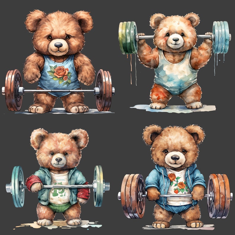 Gym Teddy Bear Clipart Bundle: Watercolor Weightlifting Designs ...